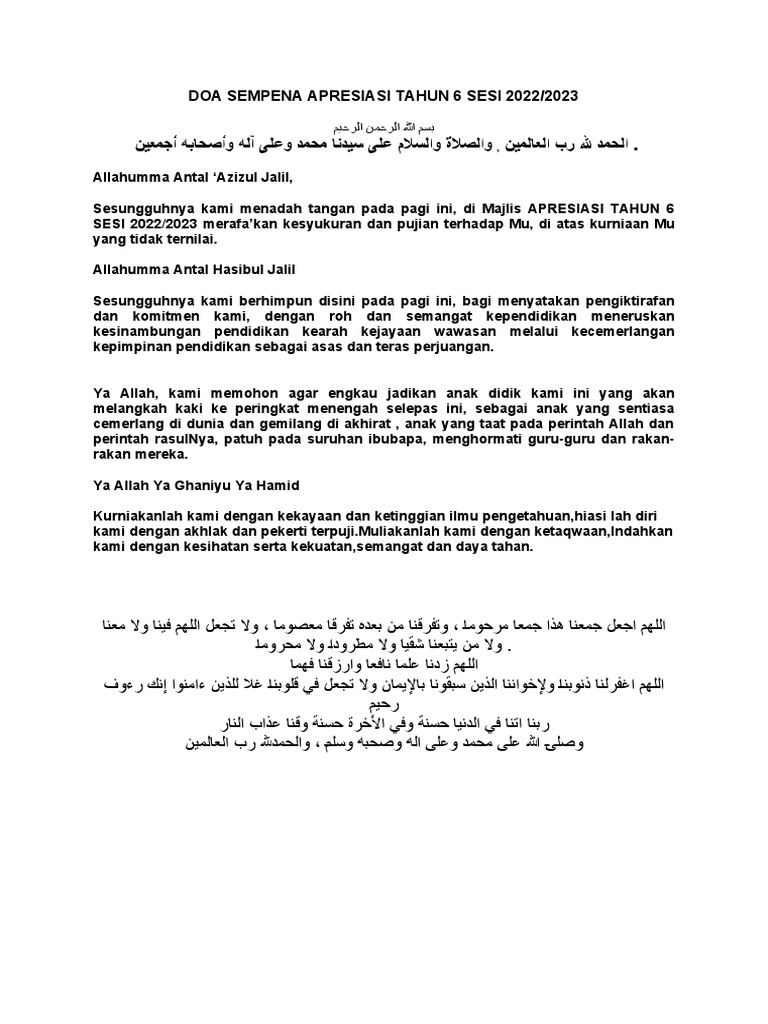 Doa Sempena Apresiasi Tahun 6 Sesi 2022/2023 | PDF | Agama & Spiritualitas