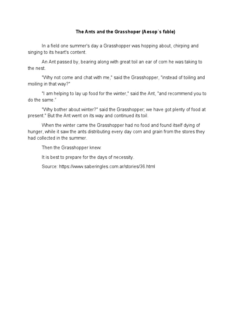 The Ants and The Grasshoper (Aesop S Fable) | PDF