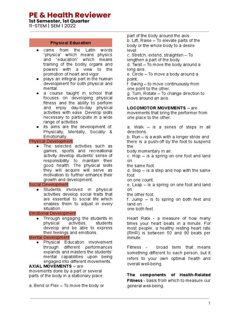 PE & Health Reviewer: 11-STEM - SEM 1 2022 | PDF