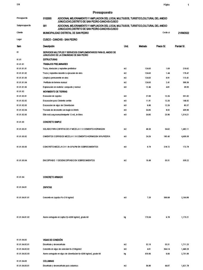 Presupuesto para la ampliación y mejoramiento del local multiusos en el anexo de Junucucho ...