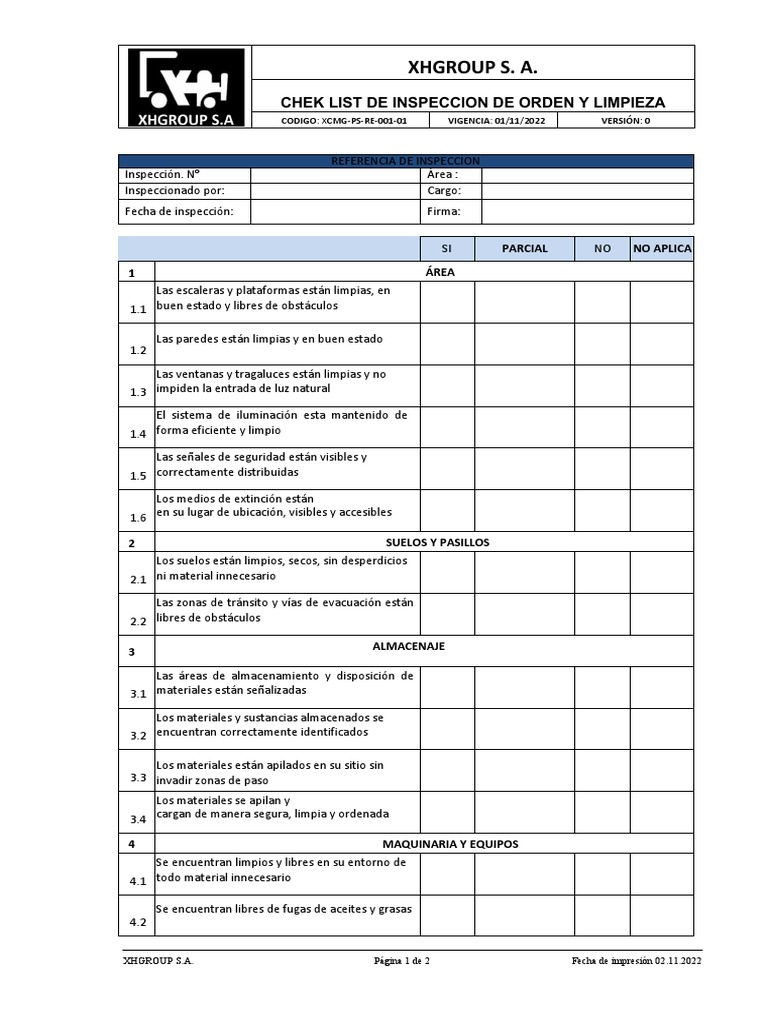 Chek List Orden Y Limpieza Pdf