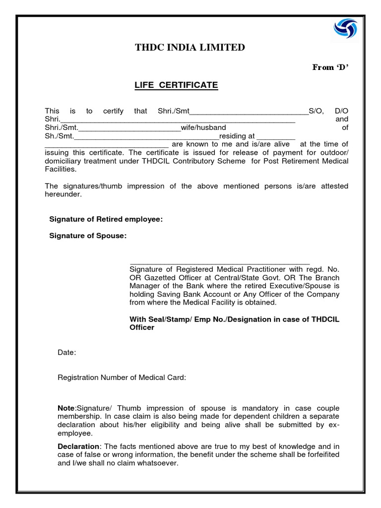 THDC Life Certificate for Retirees | PDF | Business | Finance & Money ...