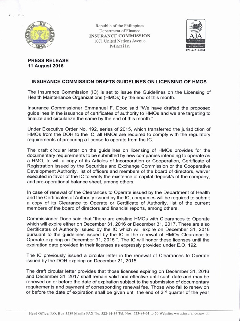 PR - IC Guidelines On Licensing HMO | PDF | Health Maintenance ...