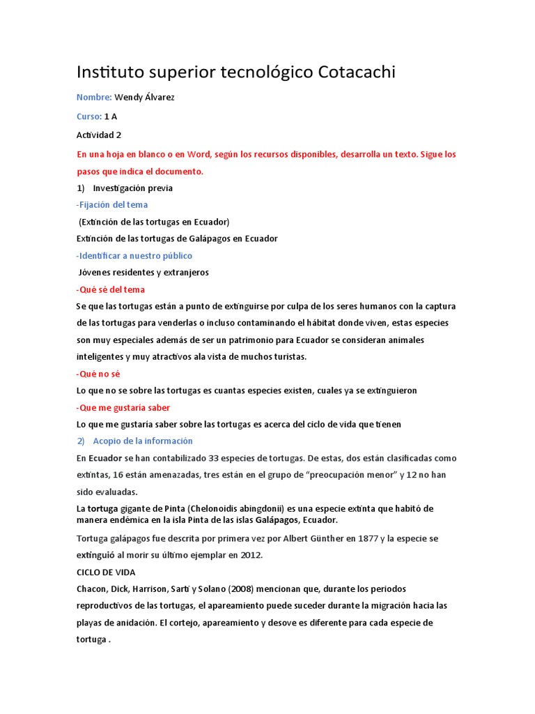 Instituto Superior Tecnológico Cotacachi: Nombre: Curso | PDF | Islas Galápagos | Extinción