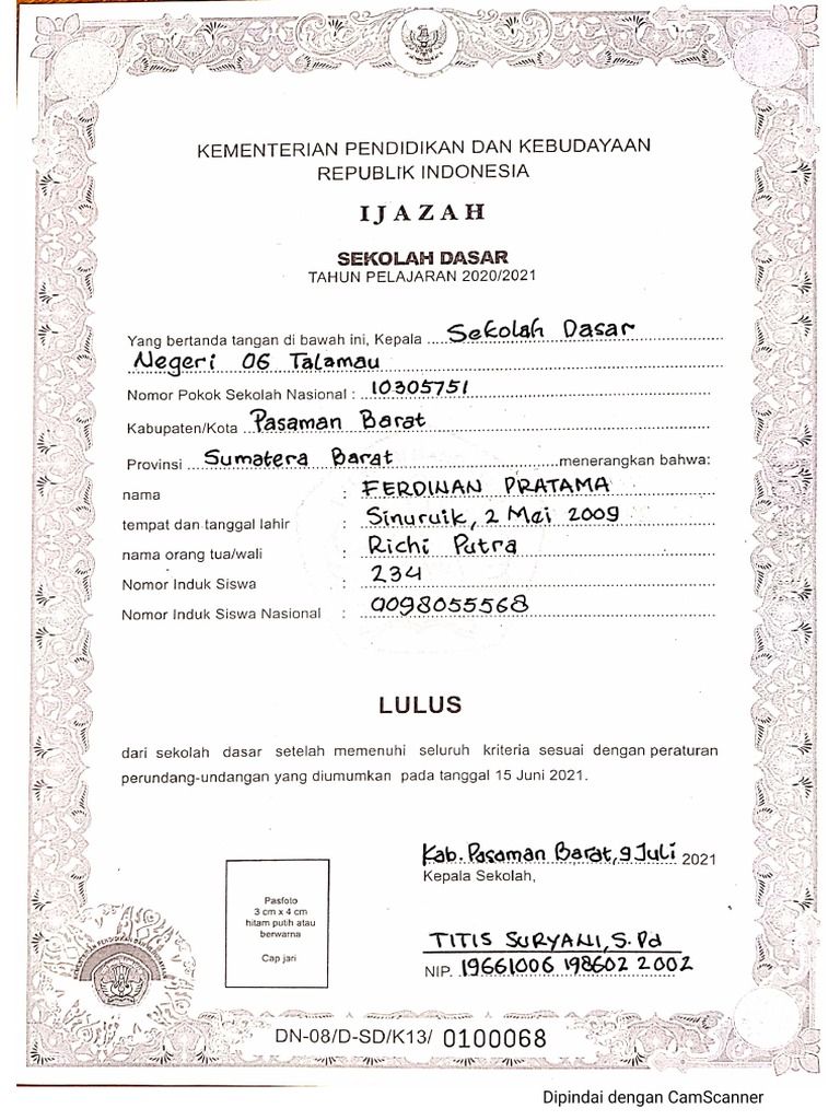 Contoh Pengisian Blanko Ijazah SD | PDF