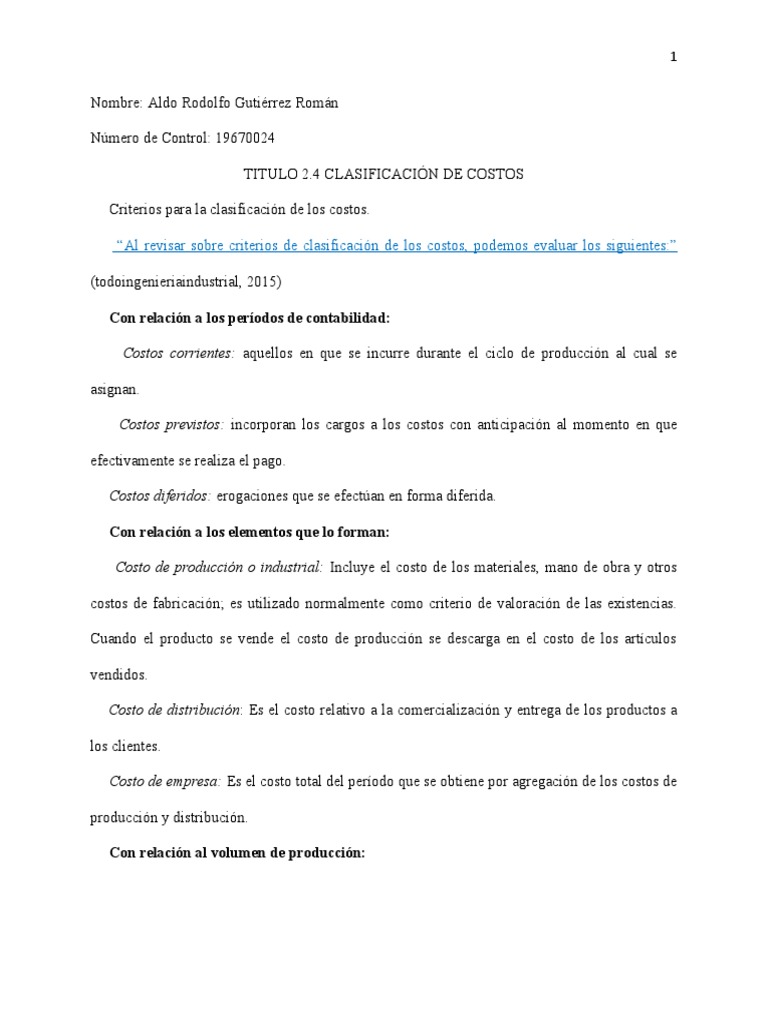 2.4 Clasificación de Costos | PDF | Costo | Presupuesto