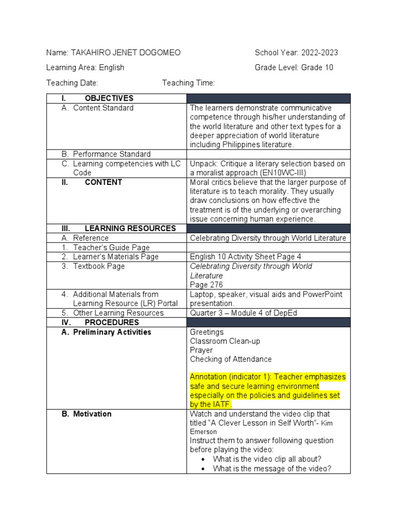 Lesson Plan Moralist | PDF | Learning | Teachers