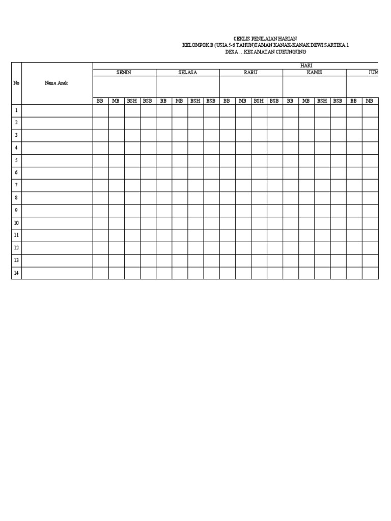 Ceklis Penilaian Harian PAUD TK Format Excel | PDF