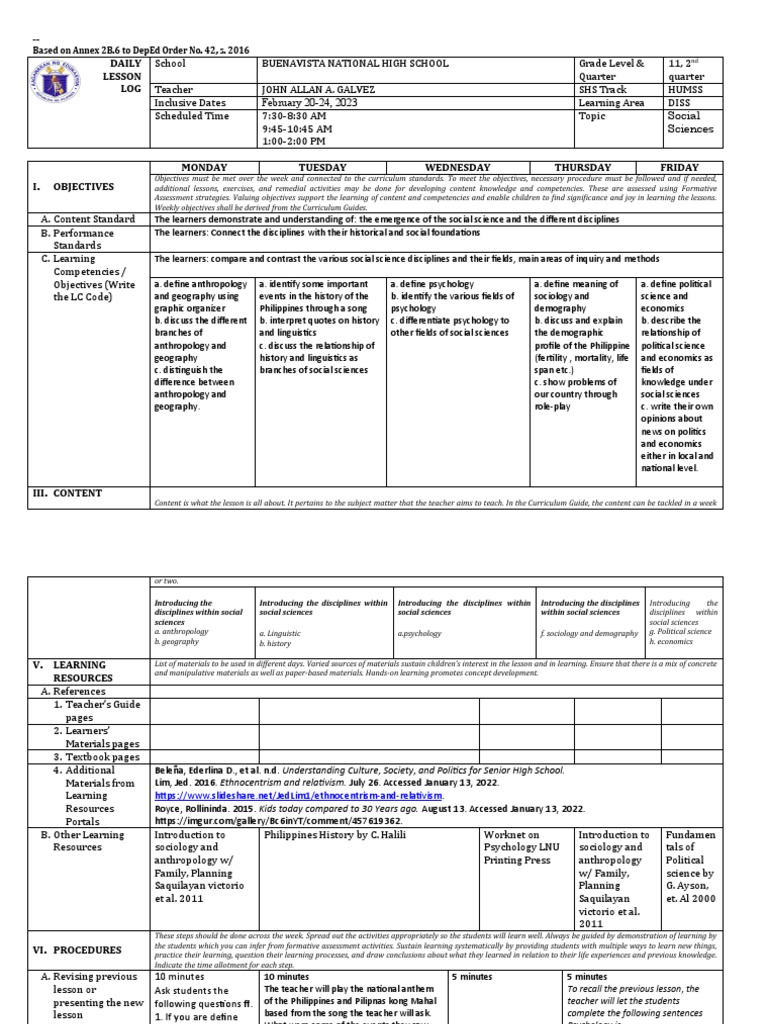 Daily Lesson Log for Social Sciences | PDF