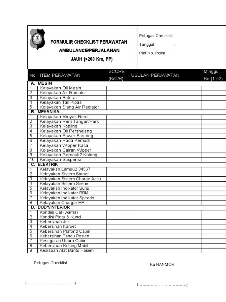Formulir Checklist Perawatan Ambulance | PDF