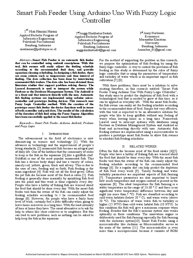 Smart Fish Feeder Using Arduino Uno With Fuzzy Logic Controller | PDF