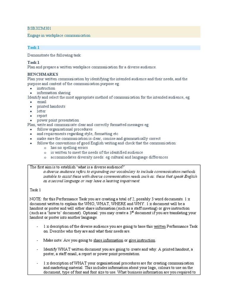 BSBXCM301 - Performance Task 1 | PDF | Communication | Information
