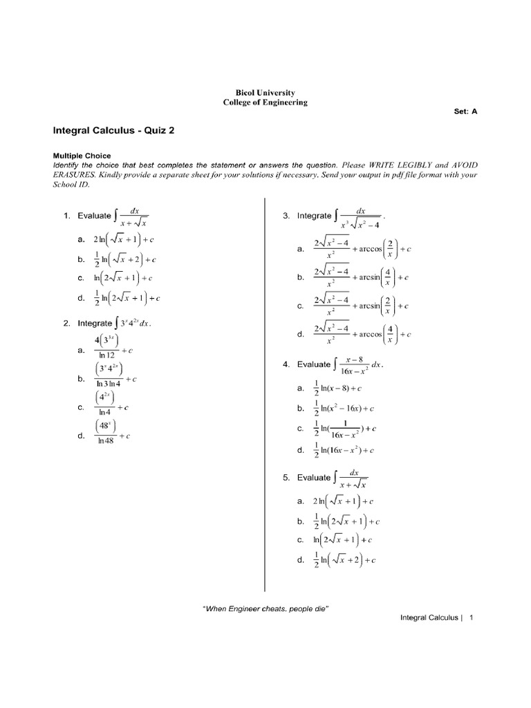 Integral Calculus Quiz 2 | PDF