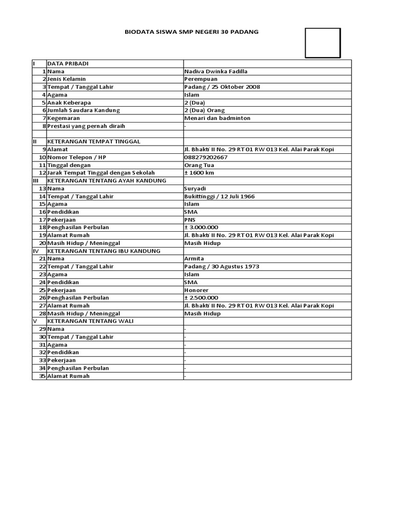 Biodata Siswa SMP Negeri 30 Padang | PDF