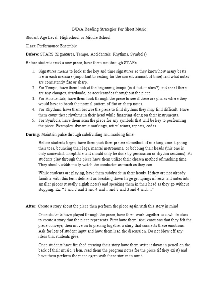 Bda Reading Strategies For Sheet Music | PDF