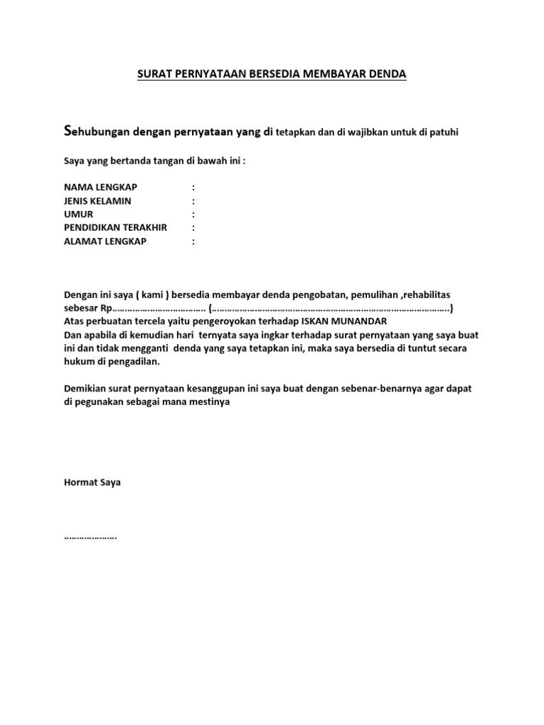 Surat Pernyataan Bersedia Membayar Denda | PDF