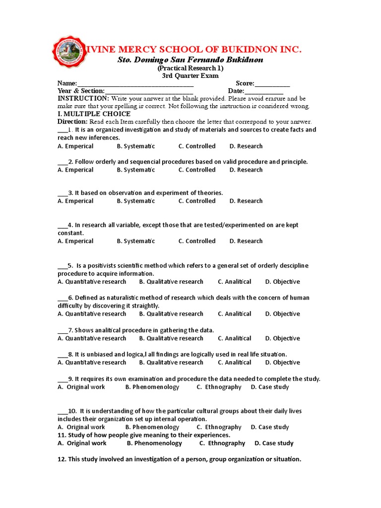 Practical Research 1 Exam Guide | PDF | Quantitative Research ...