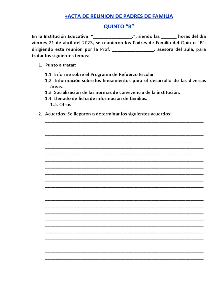 Modelo de Acta de Reunion de Padres de Familia | PDF | Finanzas y dinero