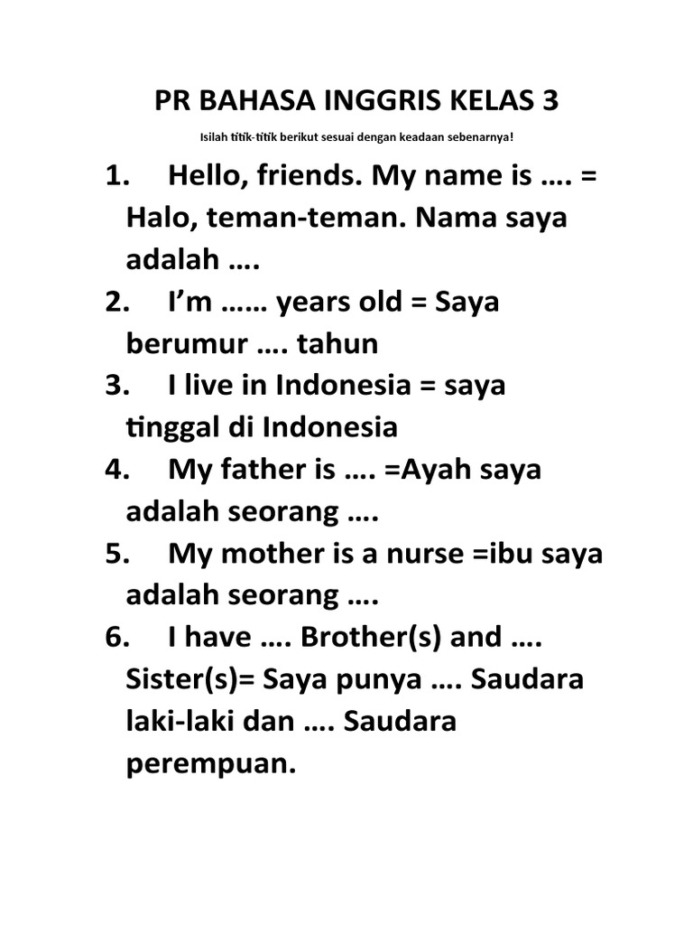 Latihan Bahasa Inggris Kelas 3 | PDF