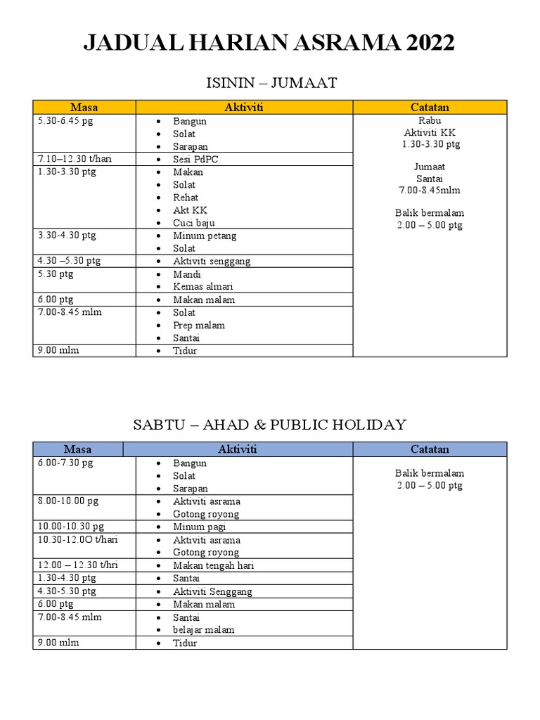 Jadual Harian Asrama 2022 | PDF