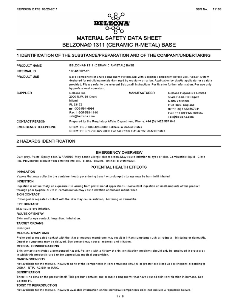 Material Safety Data Sheet Belzona® 1311 (Ceramic R-Metal) Base | PDF | Waste | Toxicity