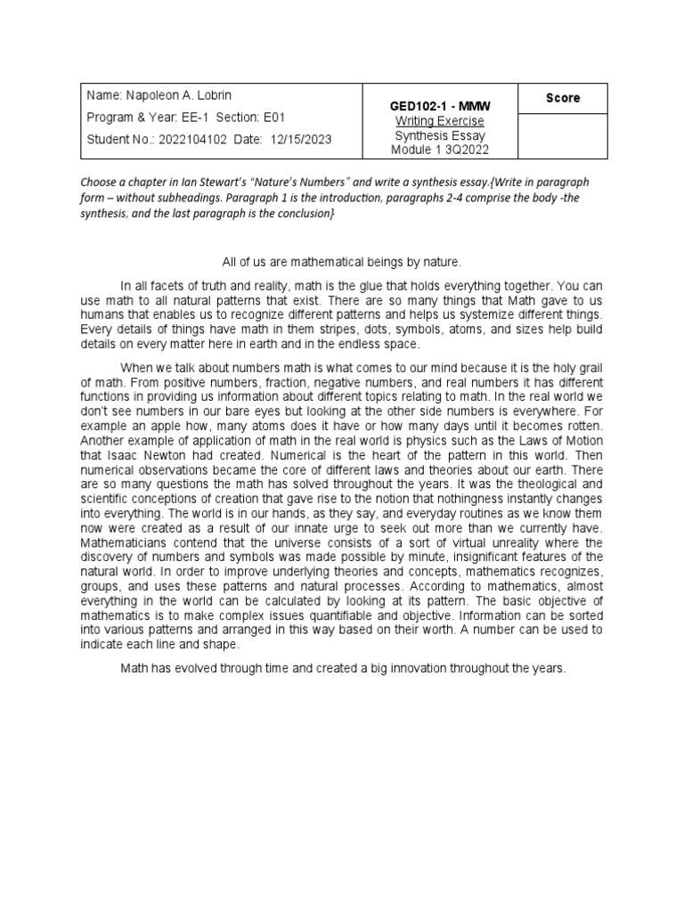 GED102-1 - MMW Score | PDF | Mathematics | Paragraph