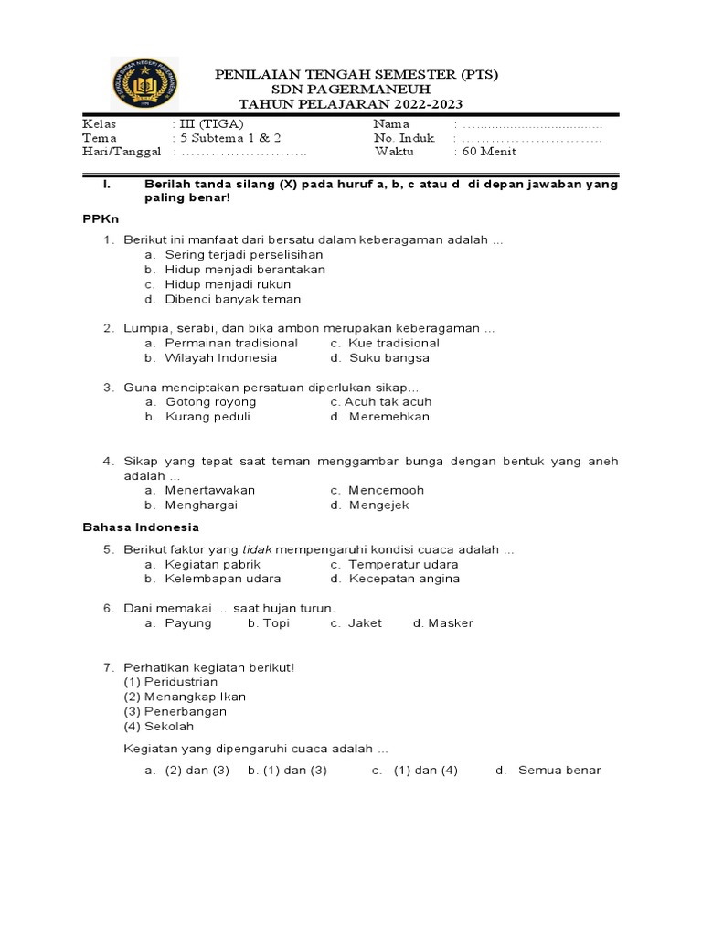 Soal PTS T5 ST 1 2 Kls3 2022-2023 | PDF