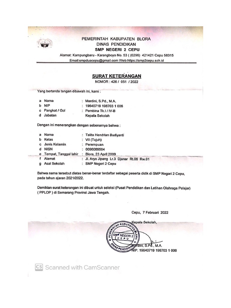 Surat Keterangan Dari Kepsek | PDF