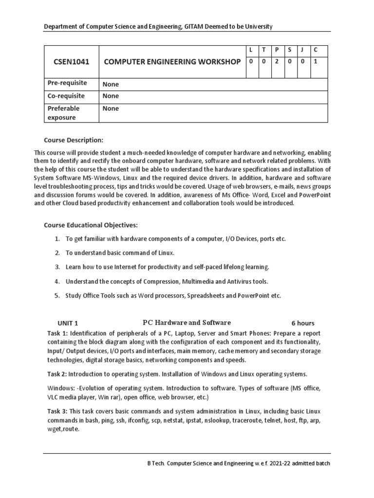 CSEN1041 CEW Syllabus | PDF | Microsoft Excel | Operating System