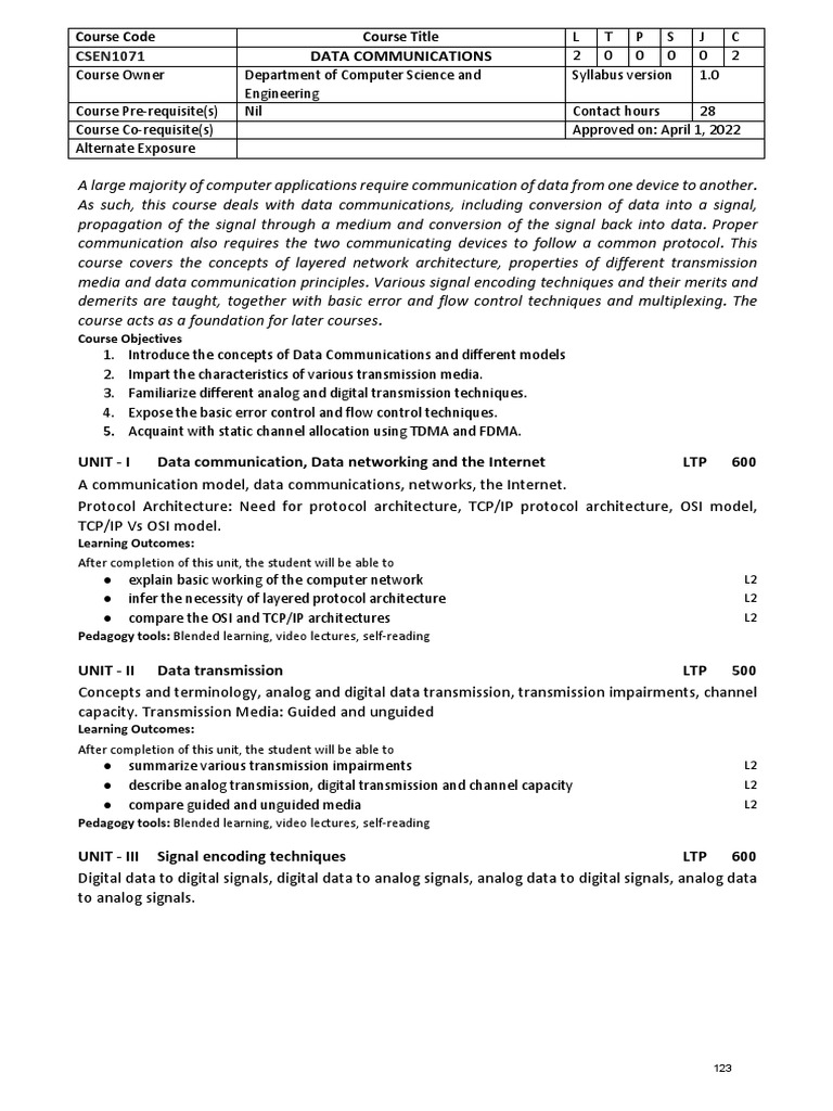 CSEN1071 Data Communications Syllabus | PDF | Multiplexing | Computer Network