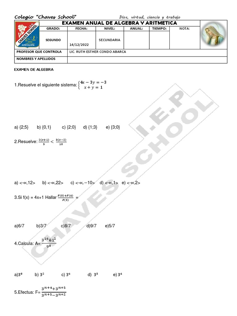 Exam Anual 2do Algebra y Aritmetica | PDF | Números | Álgebra