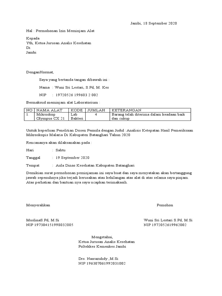 Surat Peminjaman Alat Laboratorium | PDF