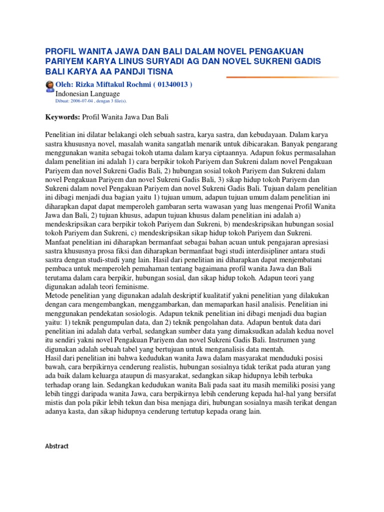 Profil Wanita Jawa Dan Bali Dalam Novel Pengakuan Pariyem Karya Linus ...
