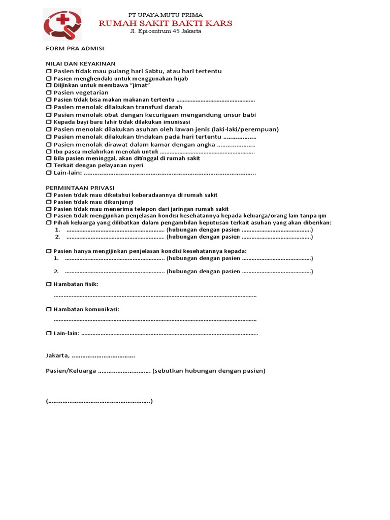 Formulir Pra Admisi Rumah Sakit | PDF