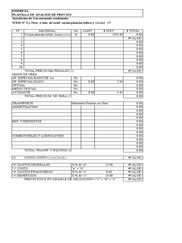 Empresa: Planilla de Analisis de Precios Instalación de Gas Envasado Combinada ITEM #3 J. Prov ...