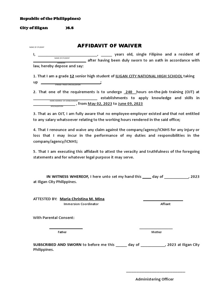 Affidavit of Waiver: IN WITNESS WHEREOF, I Here Unto Set My Hand This ...