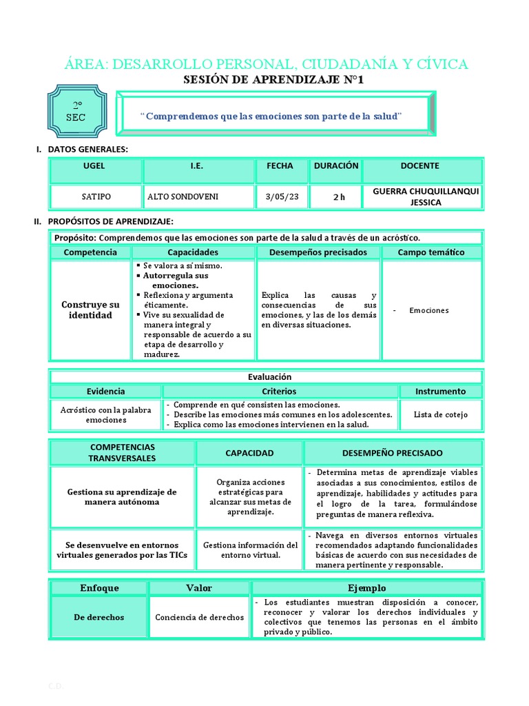 2° Sesión de Aprendizaje Sesión1-Sem.1-Exp.2 - DPCC | PDF | Las emociones | Aprendizaje