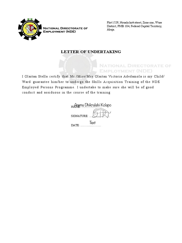 Letter of Undertaking for Training | PDF