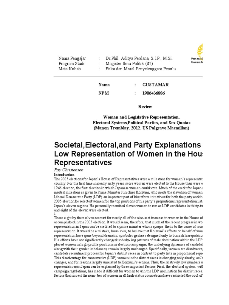 Societal, Electoral, and Party Explanations For The Low Representation ...