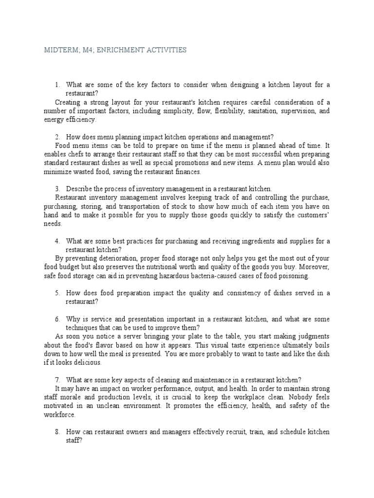 Midterm M4 Enrichment Activities | PDF | Restaurants | Kitchen