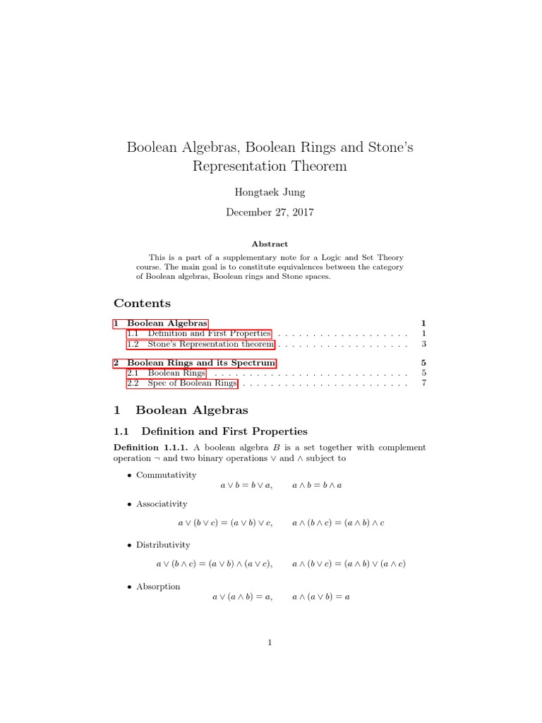 Boolean Algebras, Boolean Rings and Stone's Representation Theorem ...