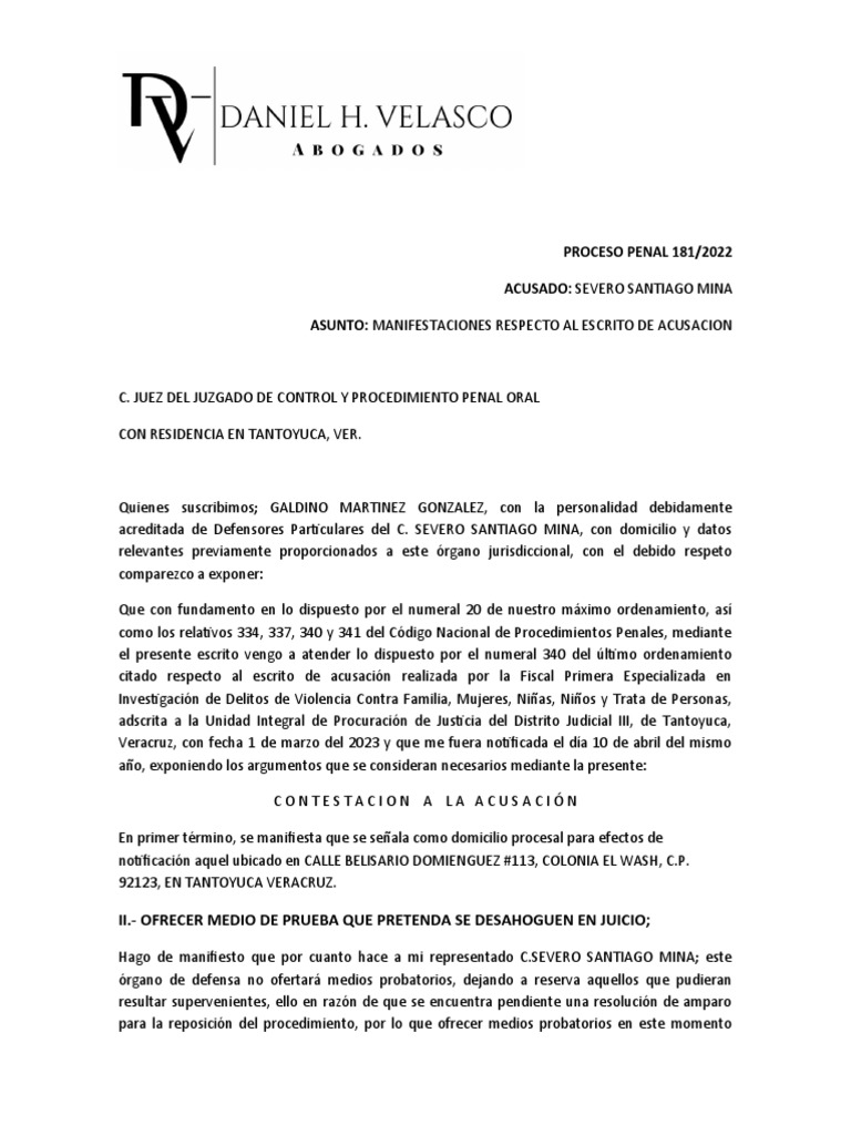 Contestacion de Acusacion Severo Santiago Mina | PDF | Procedimiento ...