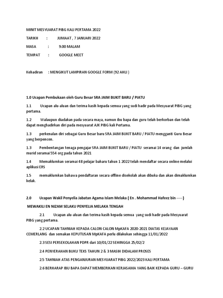 Minit Mesyuarat Pibg Kali Pertama 2022 | PDF