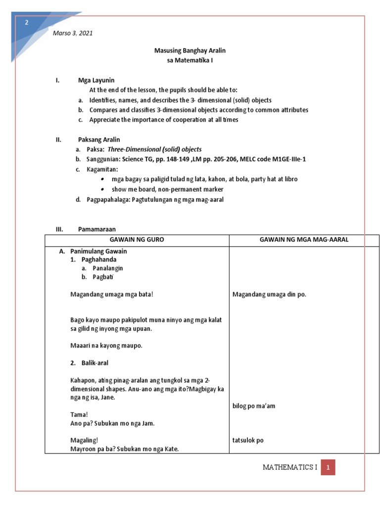 Lesson Plan Math 1 3D SHAPES | PDF
