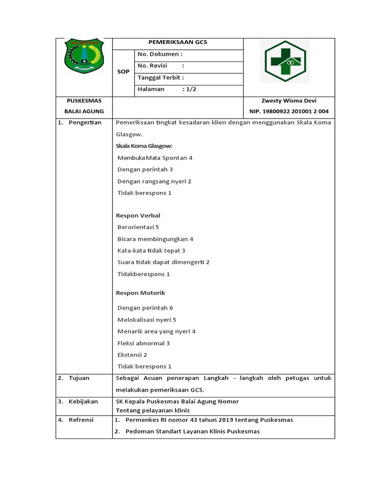 Sop Pemeriksaan GCS | PDF