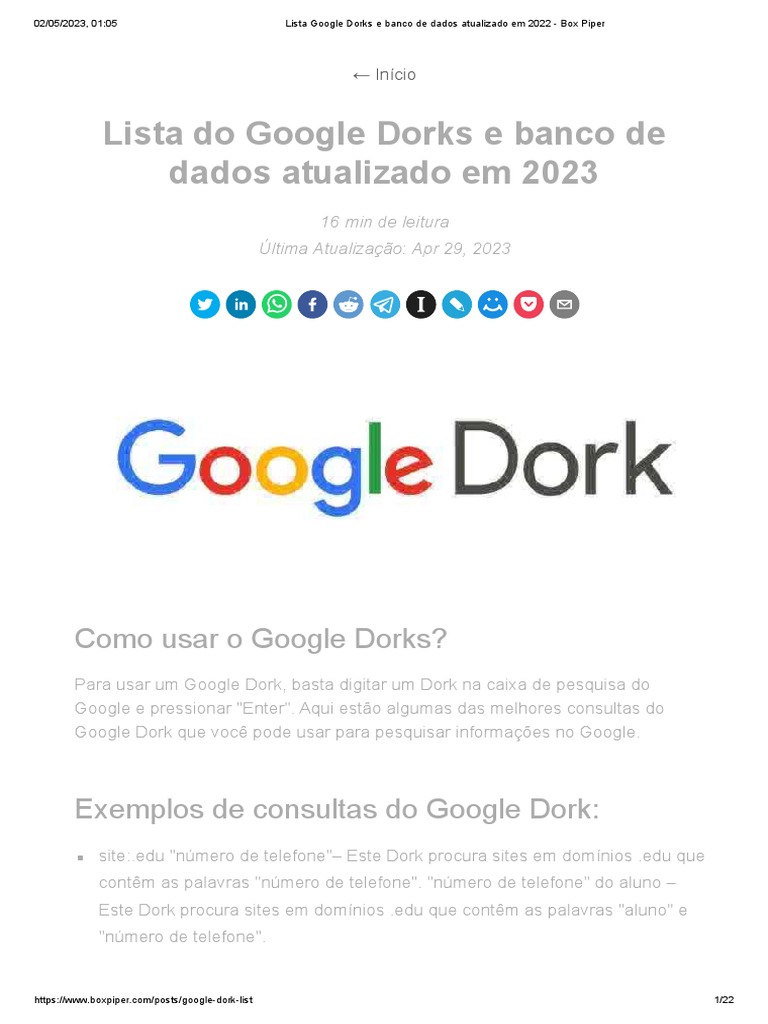 Google Dorks 2023 | PDF | Sites | Ciência da Computação