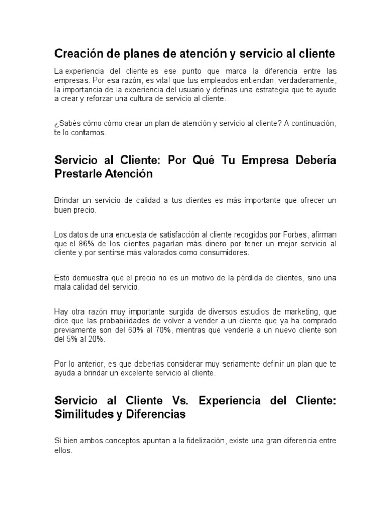 Creación de Planes de Atención y Servicio Al Cliente | PDF | Marketing | Servicio al Cliente
