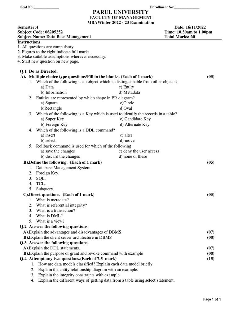 MBA Database Exam Paper | PDF | Databases | Information Technology