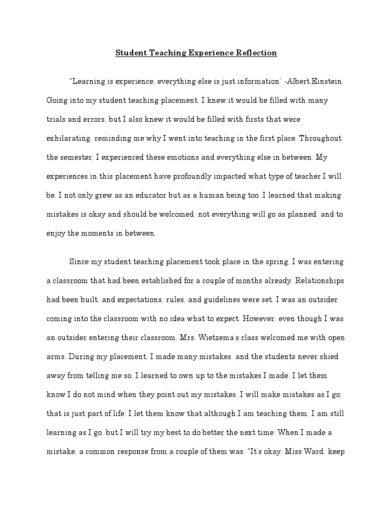 Reflection on Student Teaching Experience | PDF | Teachers | Classroom