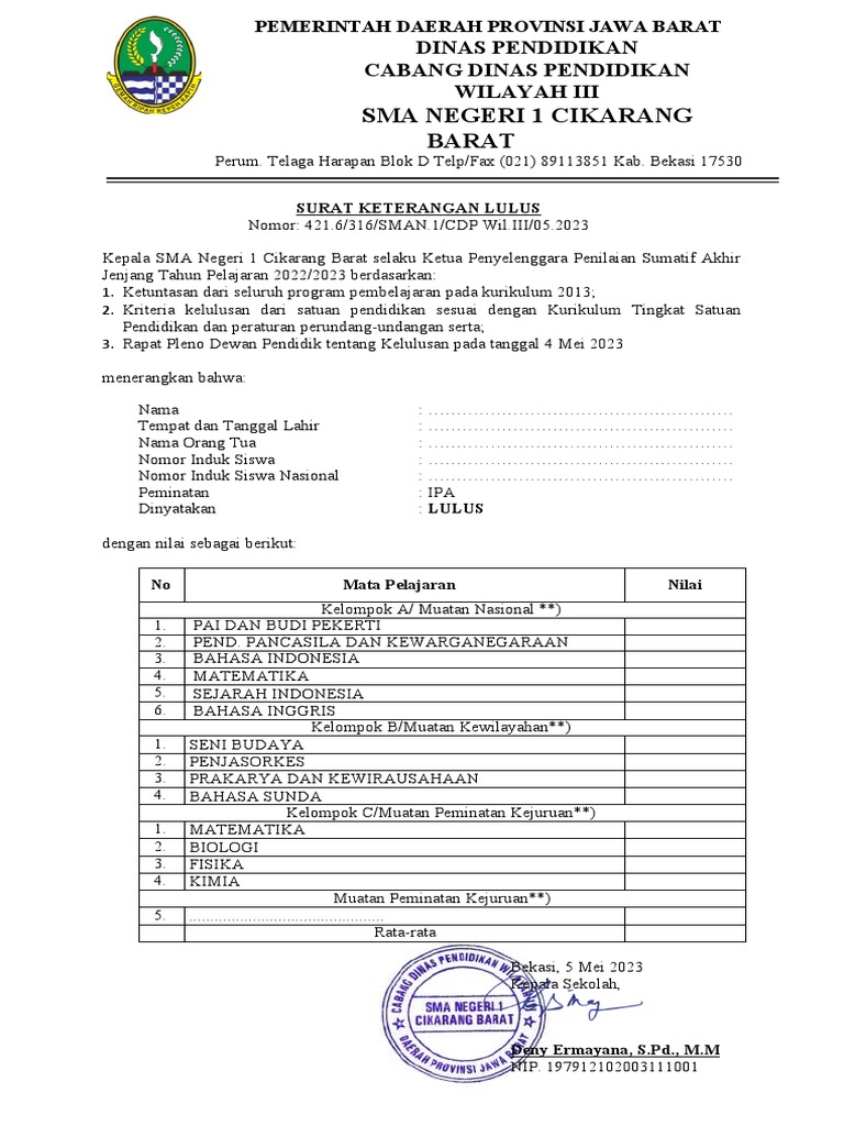 Surat Keterangan Lulus SMA 2023 | PDF